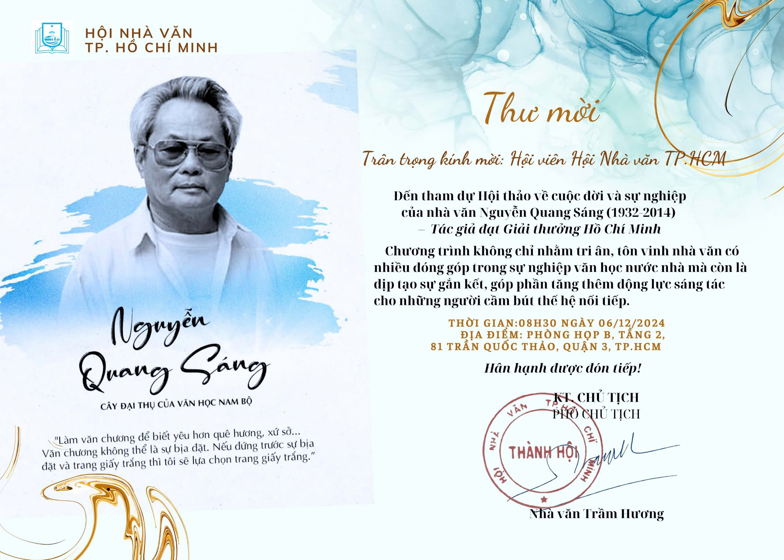 Hội thảo về cuộc đời và sự nghiệp của nhà văn Nguyễn Quang Sáng, tác giả giải thưởng Hồ Chí Minh